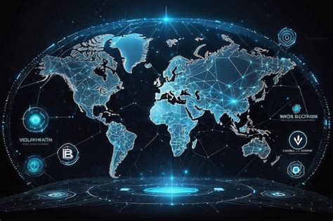 Blockchain Technology Futuristic Hud Background With World Map And Blockchain Peer To Peer