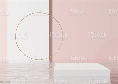 분홍색과 흰색 배경에 물 속에 서있는 연단 제품 화장품 프리젠 테이션을위한 아름다운 모형 미용 제품을위한 받침대 또는 플랫폼 빈