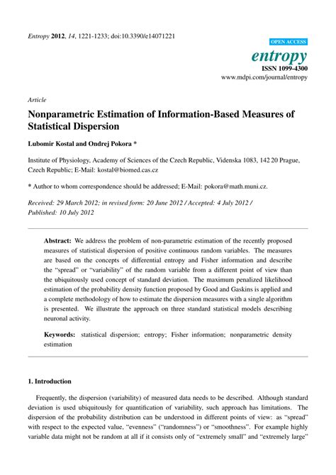 Pdf Nonparametric Estimation Of Information Based Measures Of Statistical Dispersion