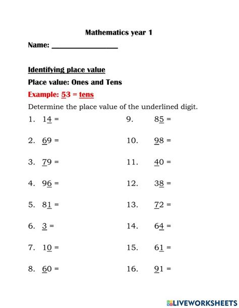 Place Value And Digit Value Worksheet For Year 1