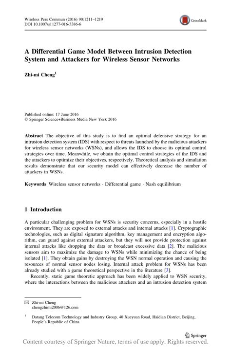 A Differential Game Model Between Intrusion Detection System And Attackers For Wireless Sensor