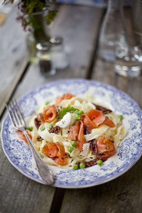Creamy Salmon Tagliatelle With Garden Peas And Sundried Tomatoes