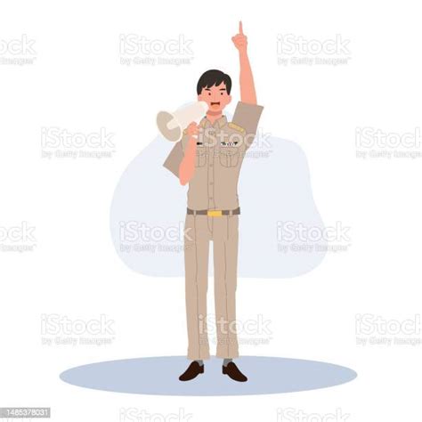 제복을 입은 남성 태국 정부 관리들 확성기를 사용하는 태국 남자 교사 플랫 벡터 그림 갈색에 대한 스톡 벡터 아트 및 기타