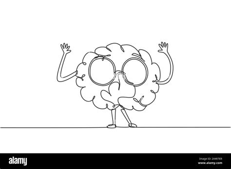 One Single Line Drawing Of Nerd Human Brain Wearing Round Retro Glasses Logo Identity Old Funny