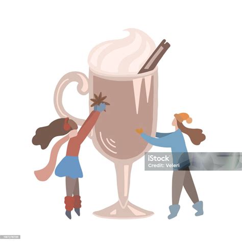 작은 여자와 에그노그의 평면 그림입니다 크리스마스 치료 사랑스러운 사람들과 휴일 뜨거운 음료 벡터 그림 12월에 대한 스톡 벡터 아트 및 기타 이미지 Istock
