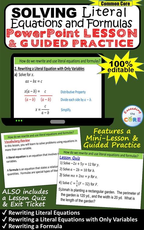 SOLVING LITERAL EQUATIONS FORMULAS PowerPoint Lesson AND Practice DIGITAL Literal