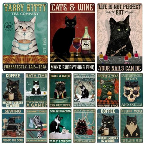 고양이에 의해 쉽게 산만 한 커피 차 빈티지 금속 주석 기호 검은 고양이 벽 장식 예술 화장실 조직 재단사 목욕 매니큐어 플라크 Aliexpress