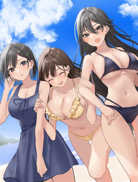 Hamu Plot Sy Original Highres 3girls Bare Arms Beach Bikini Black Bikini Black Hair