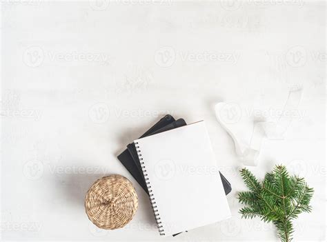 Border Of Various Christmas Decor And Notebook With Blan On White