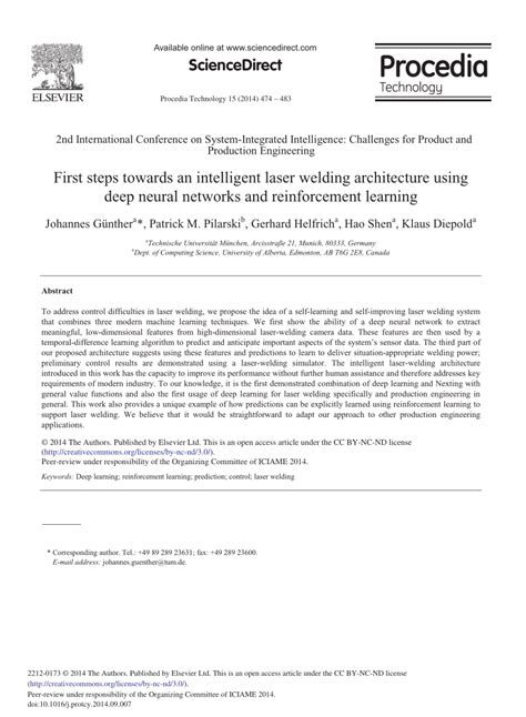 Pdf First Steps Towards An Intelligent Laser Welding Architecture Using Deep Neural Networks