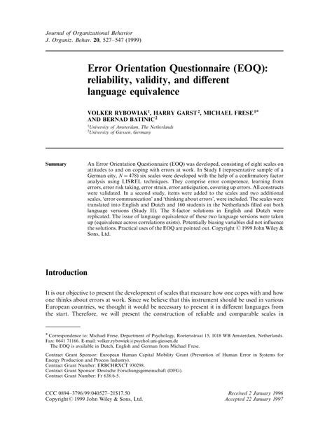 Pdf Error Orientation Questionnaire Eoq Reliability Validity And
