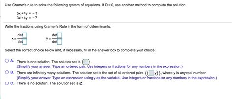 solved use cramer s rule to solve the following system of