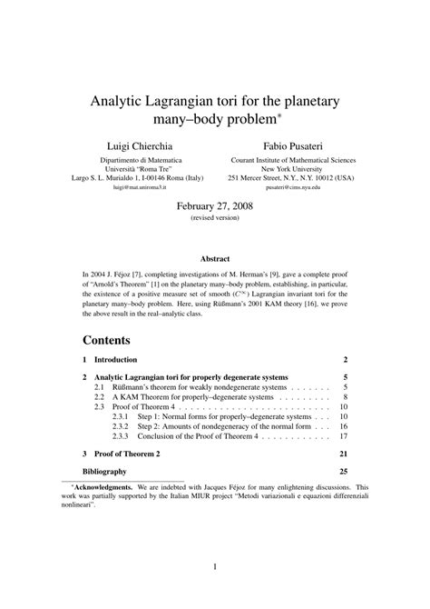 Pdf Analytic Lagrangian Tori For The Planetary Many Body Problem