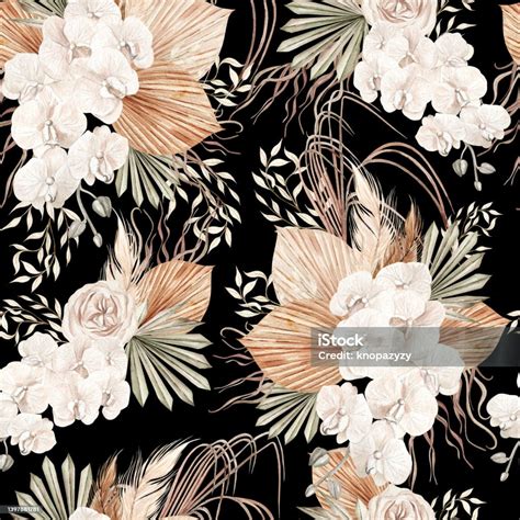 수채화 보호 말린 야자수 잎의 열대 꽃 팜파스의 가지와 장미 꽃의 손으로 그린 이음새없는 패턴 0명에 대한 스톡 사진 및 기타 이미지 Istock