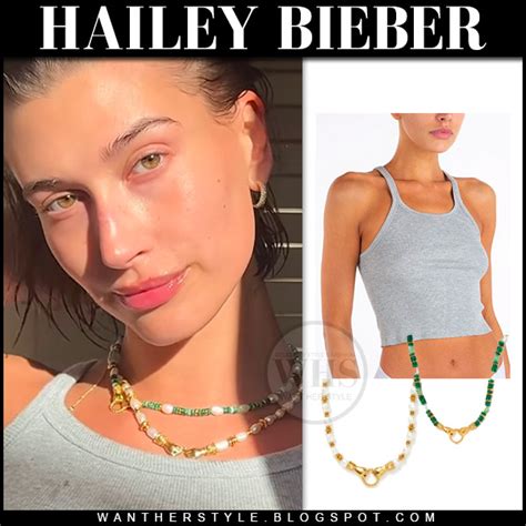 Hailey Bieber In Grey Top And Green Beaded Necklace On March 11 Бижутерия