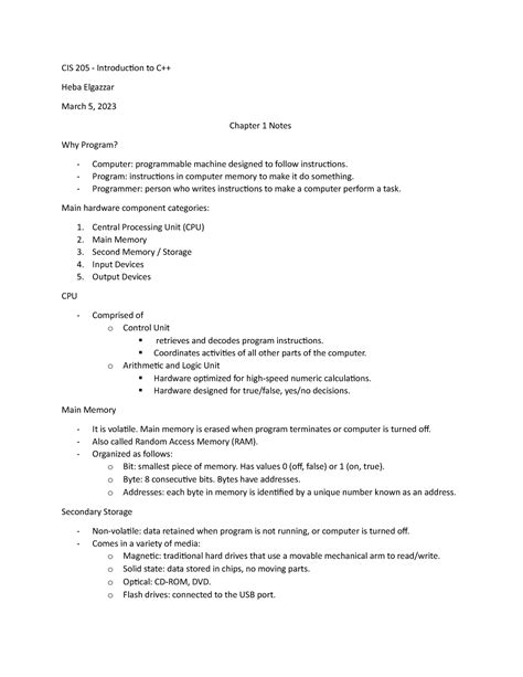 Cis 205 Ch1 Notes Elgazzar Cis 205 Introduction To C Heba Elgazzar March 5 2023 Chapter