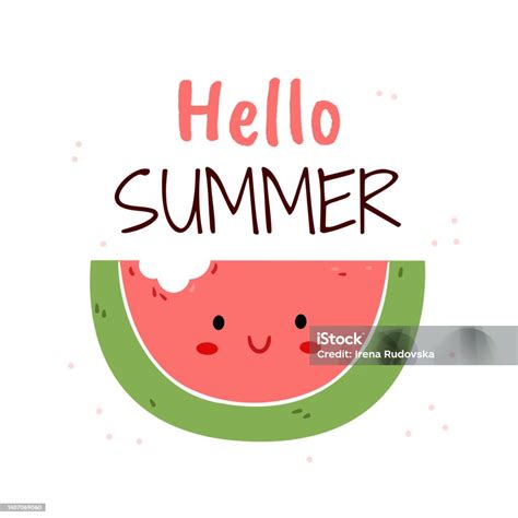 재미있는 수박과 함께 일러스트레이션 여름 귀여운 캐릭터가있는 포스터 안녕하세요 여름어린이 일러스트 레이 션 책 옷 인쇄 감정에