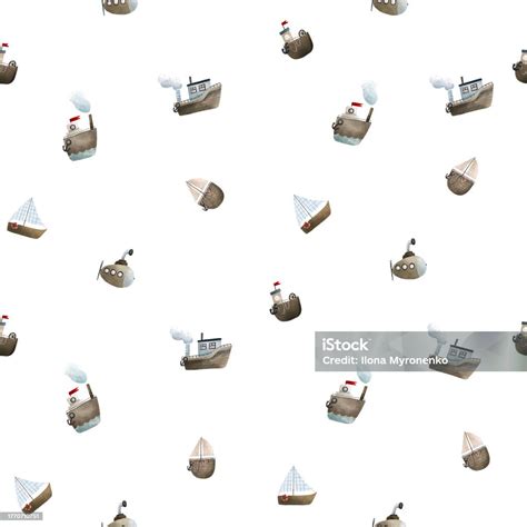 다른 배 배 잠수함 돛을 가진 이음새가 없는 본 손으로 그린 유치한 항해 배경입니다 Oceanis와 바다 패턴 수병에 대한 스톡 벡터 아트 및 기타 이미지 Istock