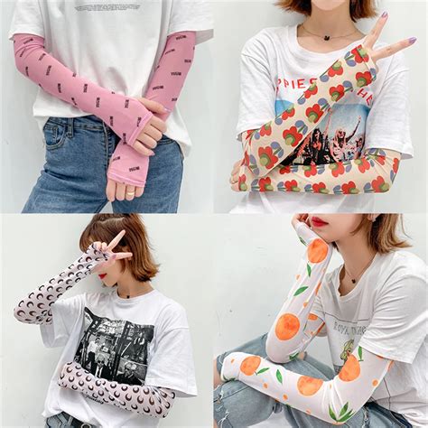 여성용 귀여운 프린트 아이스 슬리브 자외선 차단 팔 가드 슬리브 긴 손가락 없는 팔 워머 장갑 의류 액세서리 여름 Aliexpress