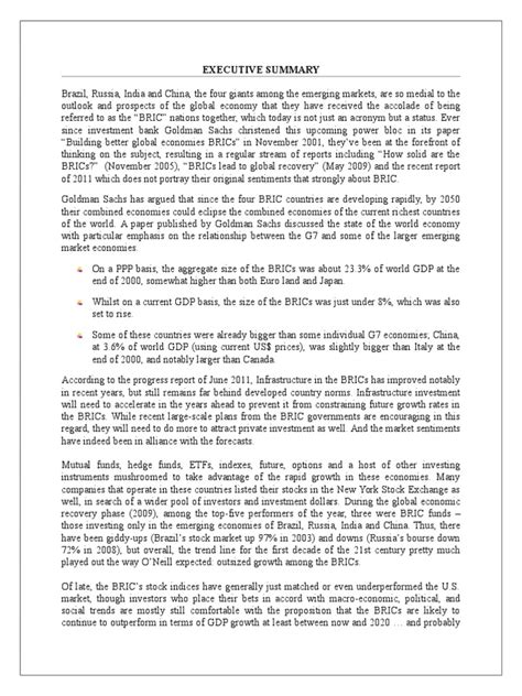 Bric Executive Summary Pdf Bric Emerging Markets