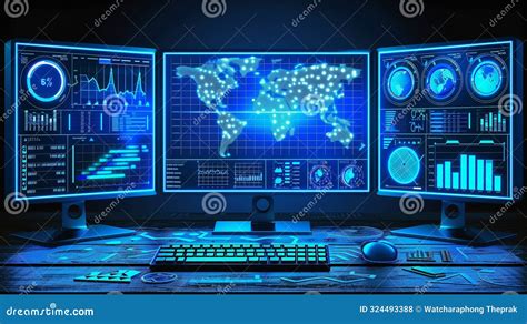 High Tech Triple Monitor Setup With Global Data Analysis Stock Illustration Illustration Of