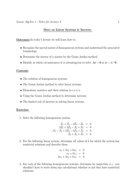 Lec 6 Pdf System Of Linear Equations Matrix Theory