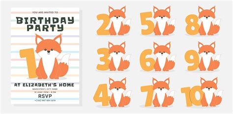 아이들을위한 인사말 및 초대장 생일 파티 귀여운 아기 여우와 1 앞에서 10 사이의 숫자는 평평한 어린이 스타일입니다 벡터 일러스트 레이 션 카드 포스터 배너 디자인 0명에