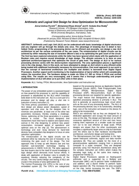 Arithmetic And Logical Unit Design For Area Optimization For Microcontroller Amrut Anilrao