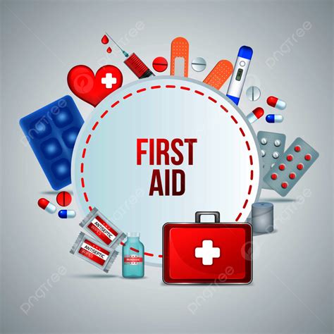 붕대 약 벡터 일러스트와 함께 의료 응급 치료 용품의 응급 처치 키트 현실적인 원형 프레임 구성 사고 포스터 벽토 Png 일러스트 및 벡터 에 대한 무료 다운로드