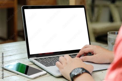 Man Hands Typing Laptop Computer With Blank Screen For Mock Up Template Background Business