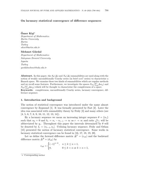 Pdf On Lacunary Statistical Convergence Of Difference Sequences