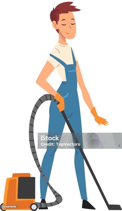 전문 청소 남자 진공 청소기 바닥 남성 노동자 캐릭터 옷을 입고 파란색 바지와 고무 장갑 청소 회사 직원 벡터 일러스트 가사