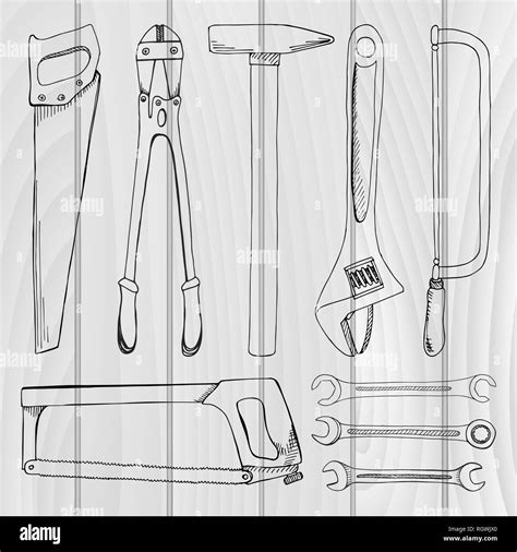 Set Of Tools Hardware Different Metal Tools Isolated On White Background Hand Drawn Vector