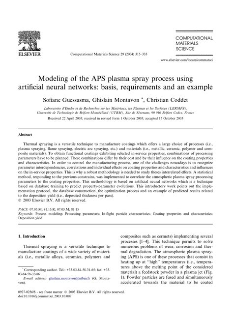 Pdf Modeling Of The Aps Plasma Spray Process Using Artificial Neural Networks Basis