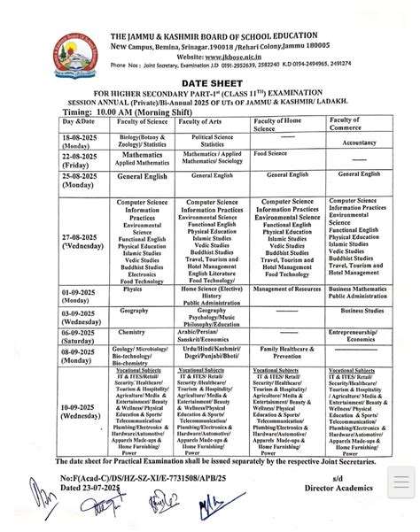Jkbose Class 11th Date Sheet 2025 Private Bi Annual Out