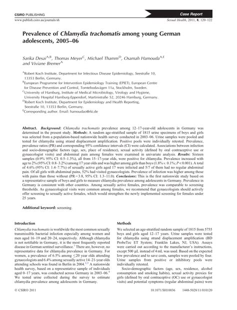 Prevalence Of Chlamydia Trachomatis Among Young German Adolescents