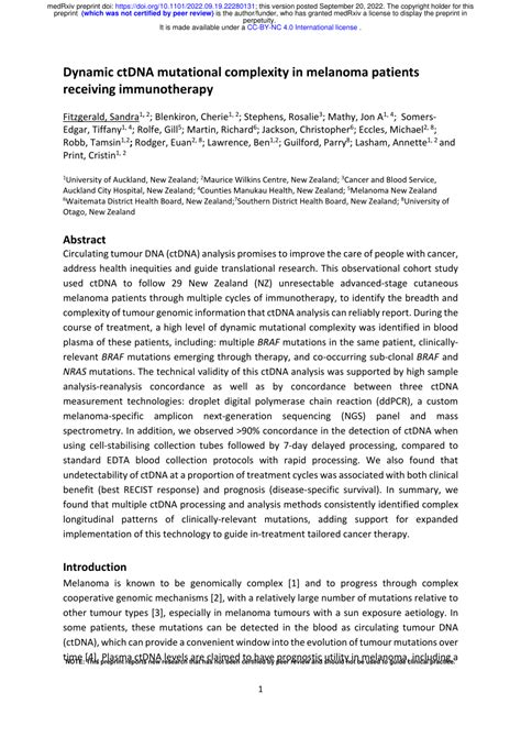 Pdf Dynamic Ctdna Mutational Complexity In Melanoma Patients Receiving Immunotherapy