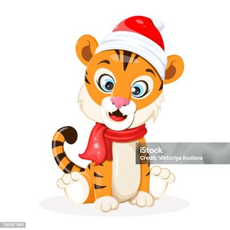 만화 스타일의 겨울 빨간 모자와 스카프와 행복한 호랑이 0명에 대한 스톡 벡터 아트 및 기타 이미지 0명 12월 31일