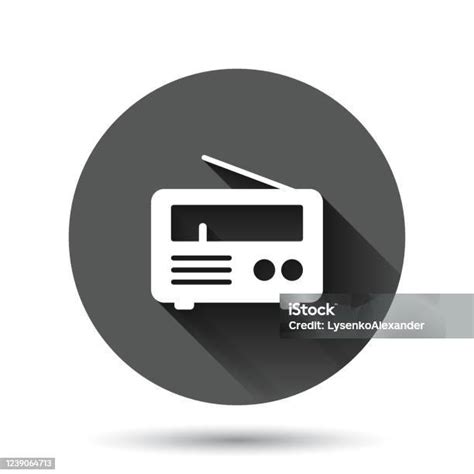 평평한 스타일의 라디오 아이콘입니다 긴 그림자 효과와 검은 색 둥근 배경에 Fm 방송 벡터 그림자 라디오 캐스트 원 버튼 비즈니스 개념입니다 0명에 대한 스톡 벡터 아트 및