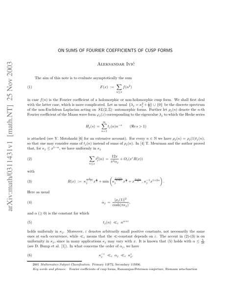 Pdf On Sums Of Fourier Coefficients Of Cusp Forms
