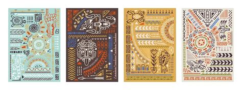 민족적 배경은 아즈텍 상징 요소 추상적인 패턴 고대 멕시코 장식품으로 설정됩니다 손으로 그린 인테리어 포스터 카드 보헤미안 스타일의 벽 예술 플랫 그래픽 벡터 일러스트레이션