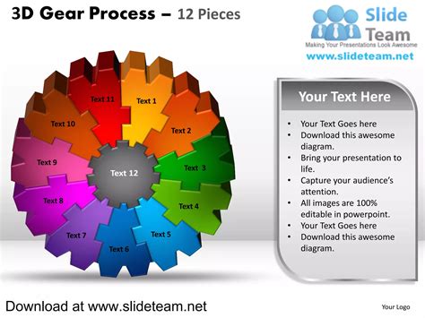 3 D Gear Split Up Into Pie Chart Pieces Process 12 Pieces Style 2 Powerpoint Diagrams And