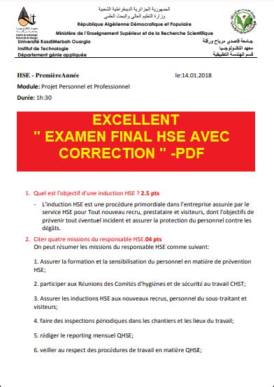 Excellent Examen Final Hse Avec Correction Pdf Livres Et Documents Gratuits Génie Civil