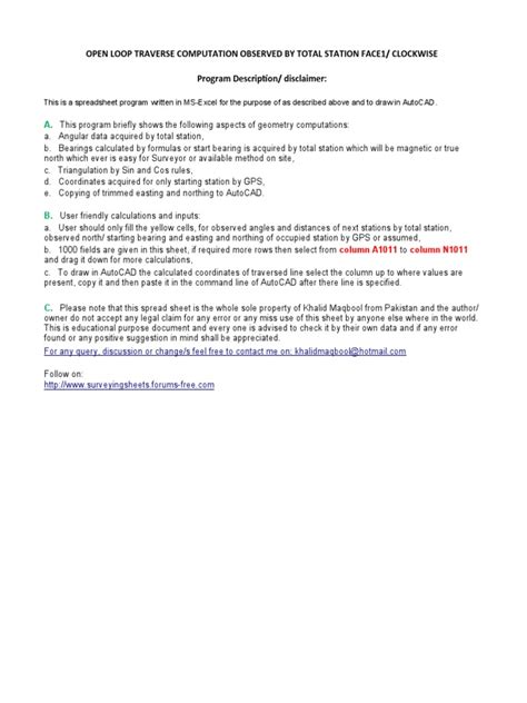 Open Traverse Calculation Sheet Pdf Spreadsheet Computer Science