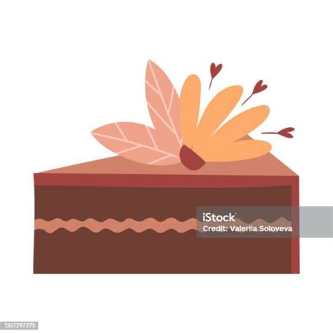 레이어 크림 꽃이 있는 케이크 한 조각 달콤한 음식 패스트리 발렌타인 데이장식 요소입니다 흰색 배경에서 격리된 색상 벡터 그림입니다 갈색에 대한 스톡 벡터 아트 및 기타