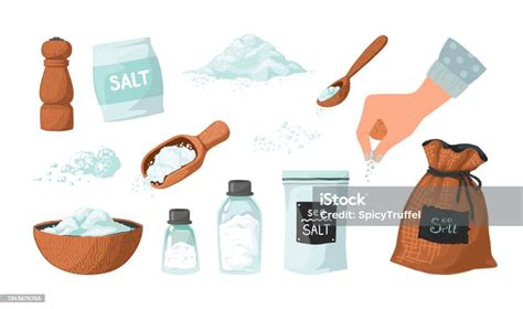 손으로 그린 소금 숟가락과 그릇에 향신료 분말 손으로 퍼지는 짠 바다 결정 유리 병과 포장으로 조미료 하얀 땅 더미 벡터 조리 성분 스케치 세트 소금에 대한 스톡 벡터 아트