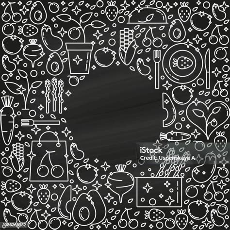 검은 바탕에 얇은 선 아이콘으로 식물 기반 식품 원 프레임 야채와 과일 음식 분필 보드 텍스트에 대 한 공간을 가진 서식 파일 0명에 대한 스톡 벡터 아트 및 기타 이미지