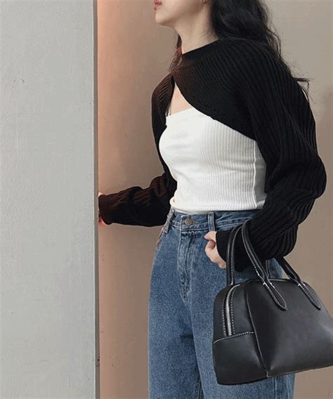 [데일리 유니크] 크롭 숏 골지 언발 사선 트임 레이어드 볼레로 니트 가디건 4color 에이블리