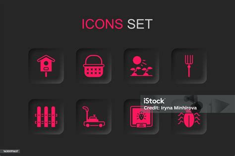 잔디 깎는 기계 고리 버들 바구니 새 집 콜로라도 딱정벌레 정원 갈퀴 식물 콩나물이 햇볕에 자라며 나무 아이콘을 울타리로 만듭니다 벡터 0명에 대한 스톡 벡터 아트 및 기타