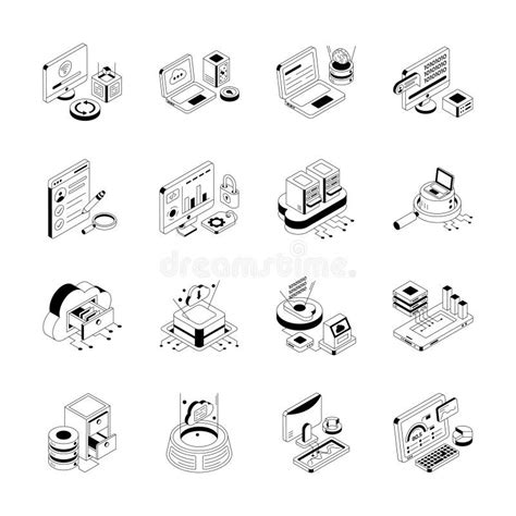 Modern Bundle Of Data Analytics Isometric Outline Icons Stock Vector